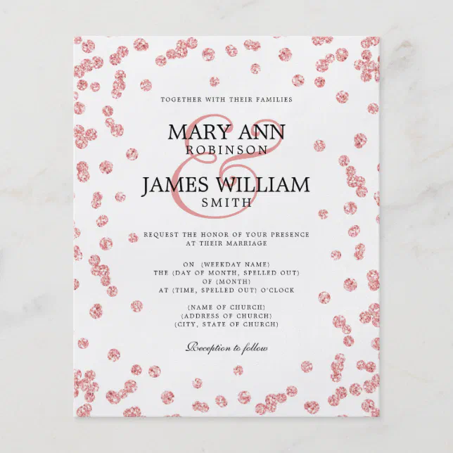 Elegant Wedding Rose Gold Glitter Confetti Flyer | Zazzle