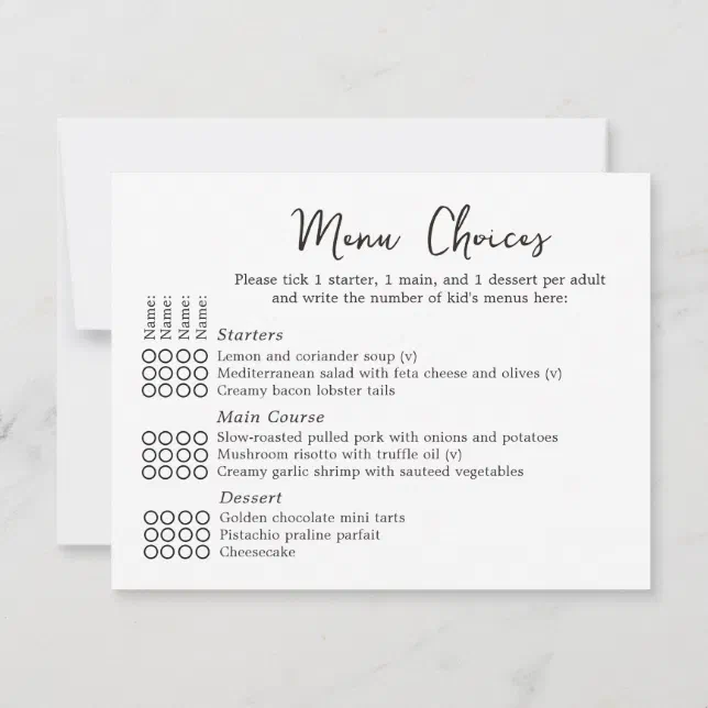 Elegant Wedding RSVP Menu Choices 4 Guests Card | Zazzle