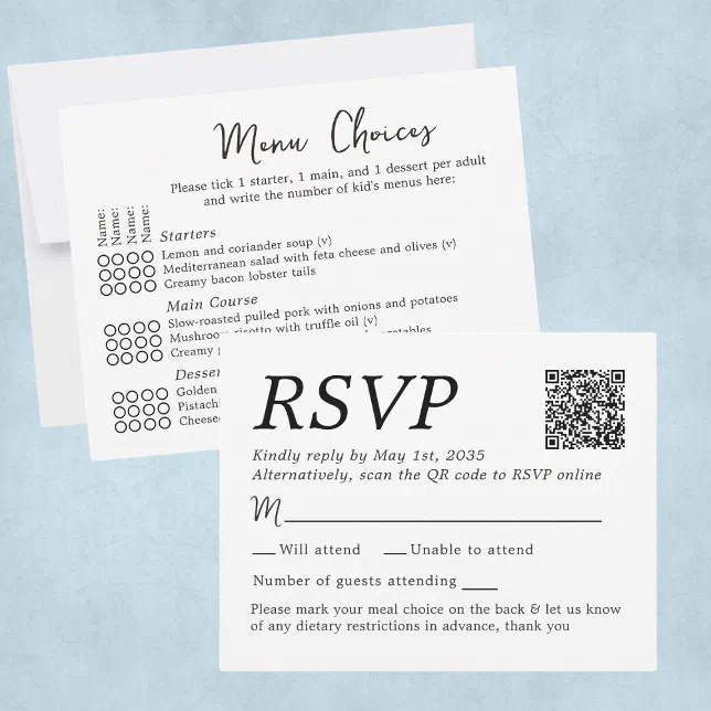 Elegant Wedding RSVP Menu Choices 4 Guests Card | Zazzle
