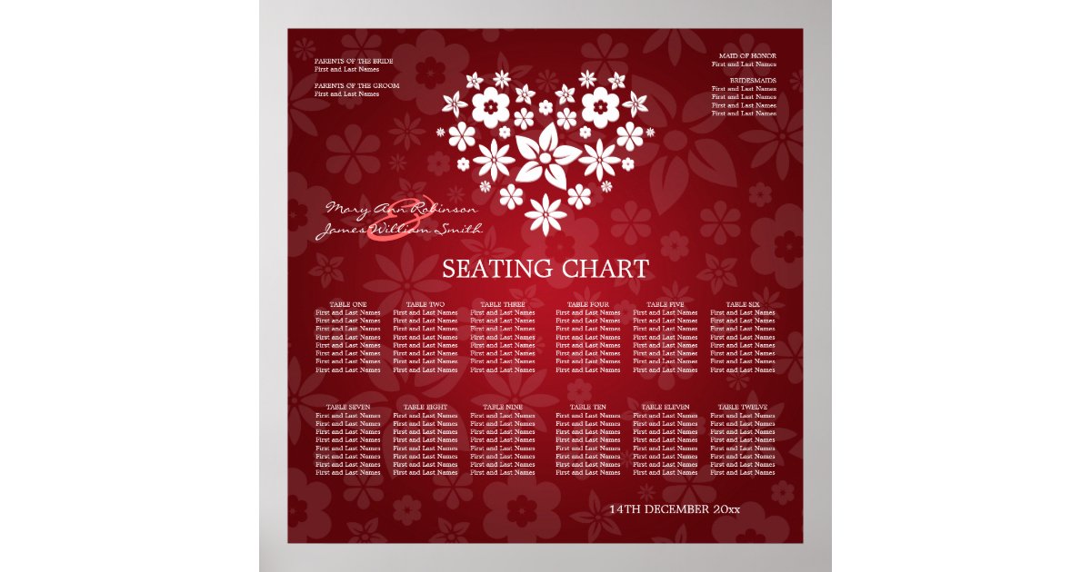 Elegant Wedding Seating Chart Flowery Heart Red | Zazzle
