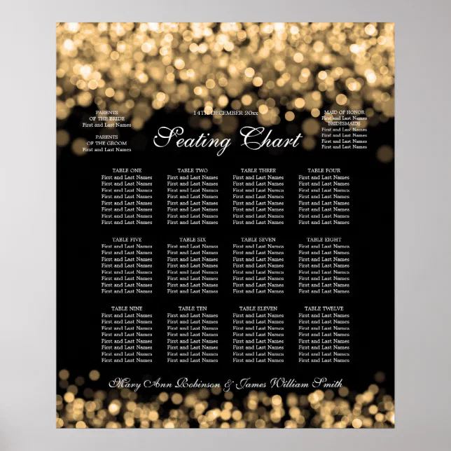 Elegant Wedding Seating Chart Gold Lights | Zazzle