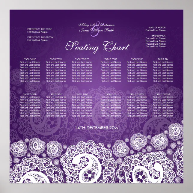Elegant Wedding Seating Chart Paisley Lace Purple | Zazzle