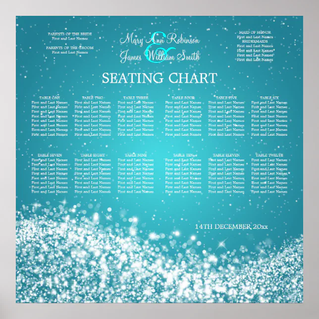 Elegant Wedding Seating Chart Sparkling Wave Blue | Zazzle