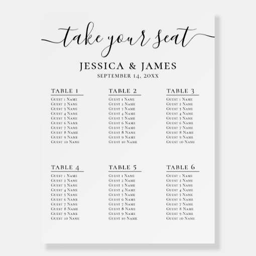 Elegant Wedding Seating Chart With 6 Tables Foam Board | Zazzle