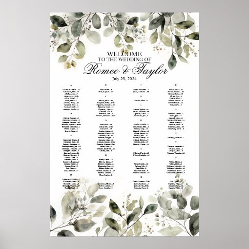 Elegant wedding seating chart with greenery | Zazzle
