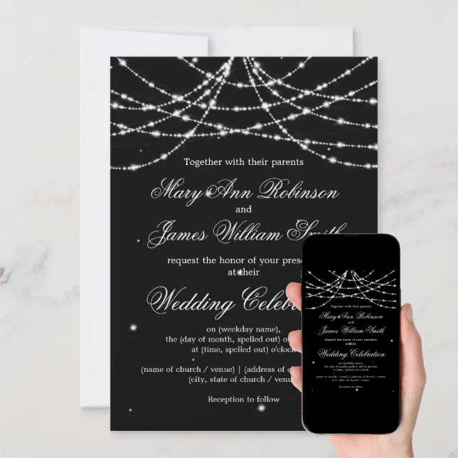 Elegant Wedding Sparkling String Black Invitation | Zazzle