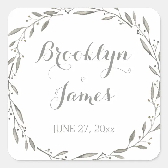 Elegant Wedding Stickers Grey Floral Wreath | Zazzle