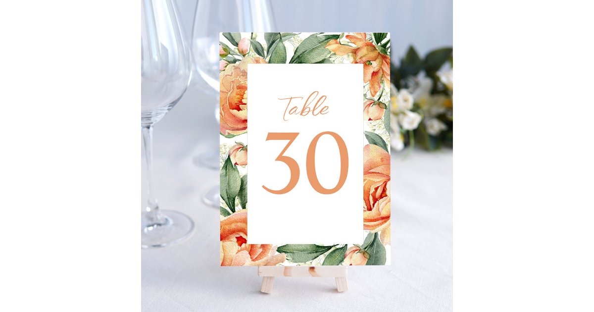 Elegant Wedding Table Number Peach Floral | Zazzle