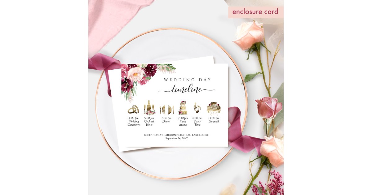 Elegant Wedding Timeline, Burgundy Blush Pink Enclosure Card | Zazzle