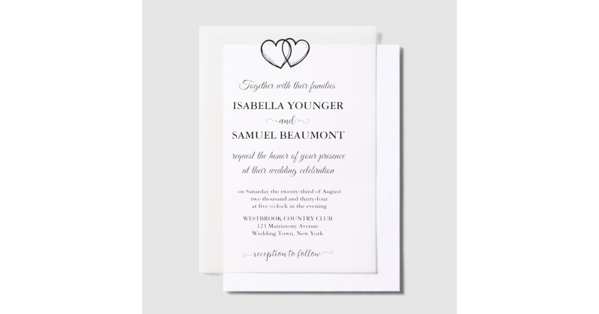 Elegant Wedding Two Hearts Custom Text Overlay Vellum Invitations | Zazzle