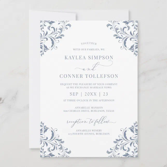 Elegant Wedding Vintage Dusty Blue Calligraphy Invitation | Zazzle