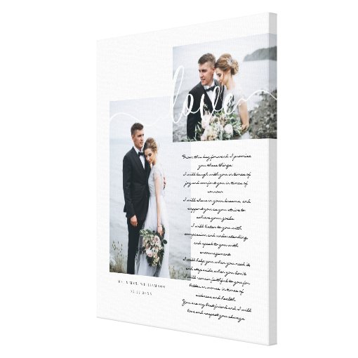 Elegant Wedding Vows Love Script Minimal Two Photo Canvas Print | Zazzle