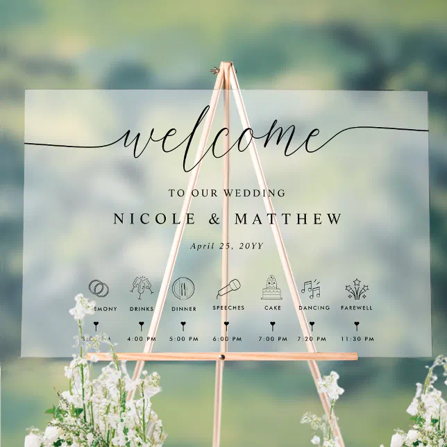 Elegant Wedding Welcome and Timeline Frosted Acrylic Sign | Zazzle