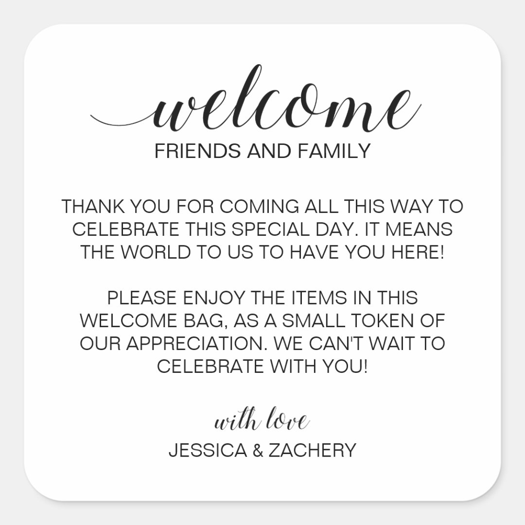 Elegant Wedding Welcome Gift Bag Basket Square Sticker | Zazzle