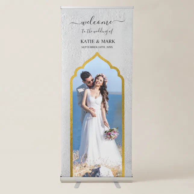 Elegant Wedding Welcome Photo Gold Arch Retractable Banner | Zazzle