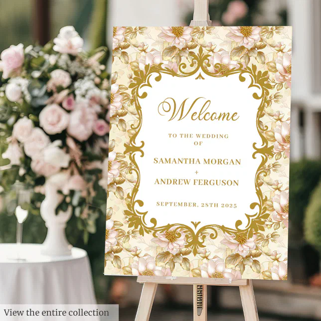 Elegant Wedding Welcome Sign Blush Gold Flowers | Zazzle