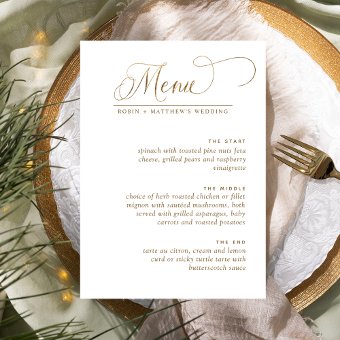 Elegant Wedding, White and Gold Calligraphy Menu | Zazzle