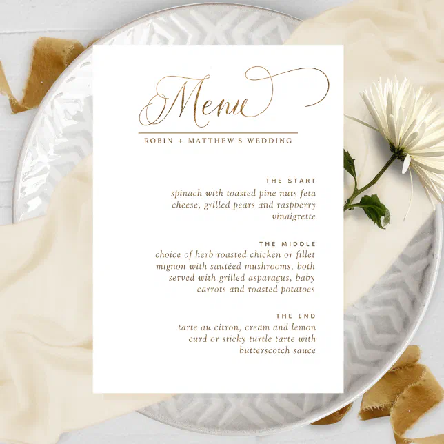 Elegant Wedding, White and Gold Calligraphy Menu | Zazzle
