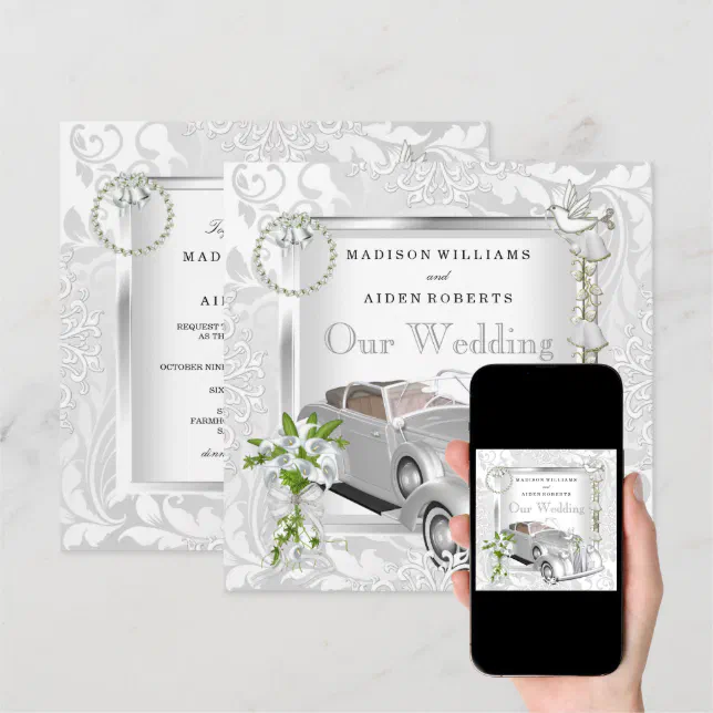 Elegant Wedding White Gold Vintage Car Damask 2 Invitation | Zazzle