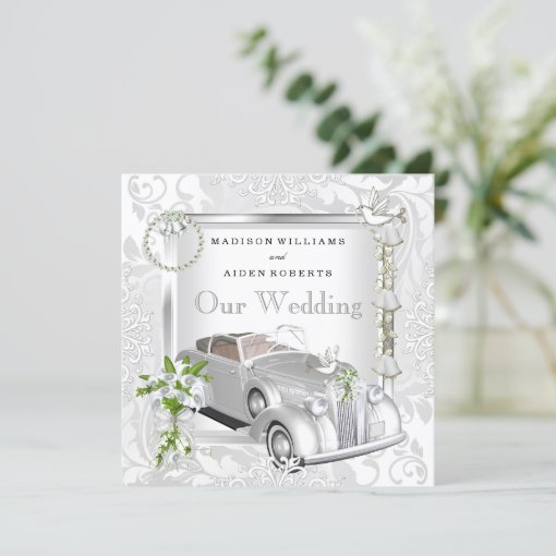 Elegant Wedding White Gold Vintage Car Damask 2 Invitation | Zazzle