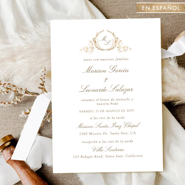 Elegant Wedding With Gold Monogram, In Spanish Invitation | Zazzle