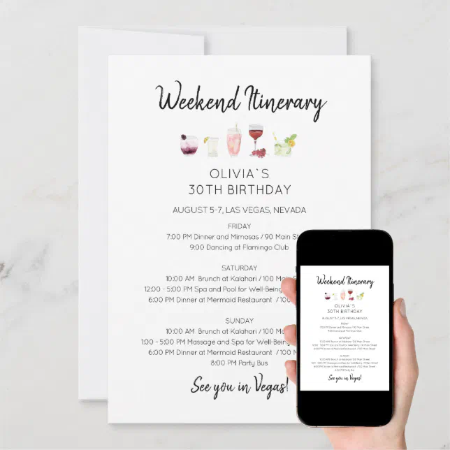 Elegant Weekend Birthday Itinerary Invitation | Zazzle