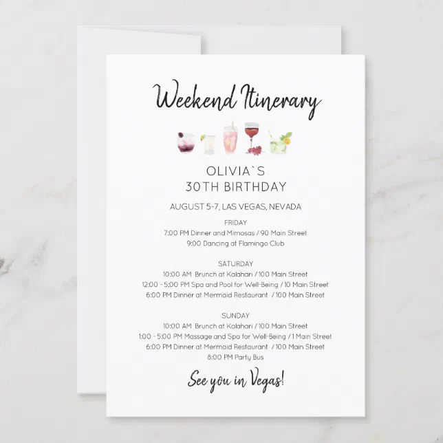 Elegant Weekend Birthday Itinerary Invitation | Zazzle