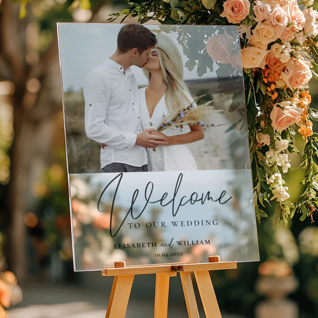 Elegant Welcome Calligraphy Wedding Photo Acrylic Sign | Zazzle