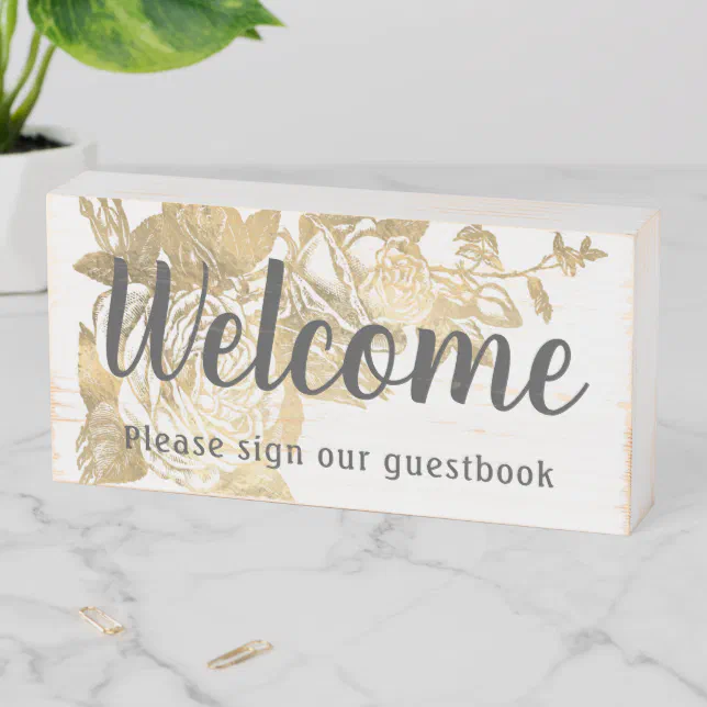 Elegant Welcome Gold Roses Wooden Box Sign | Zazzle
