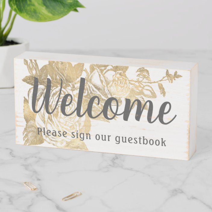 Elegant Welcome Gold Roses Wooden Box Sign | Zazzle.com