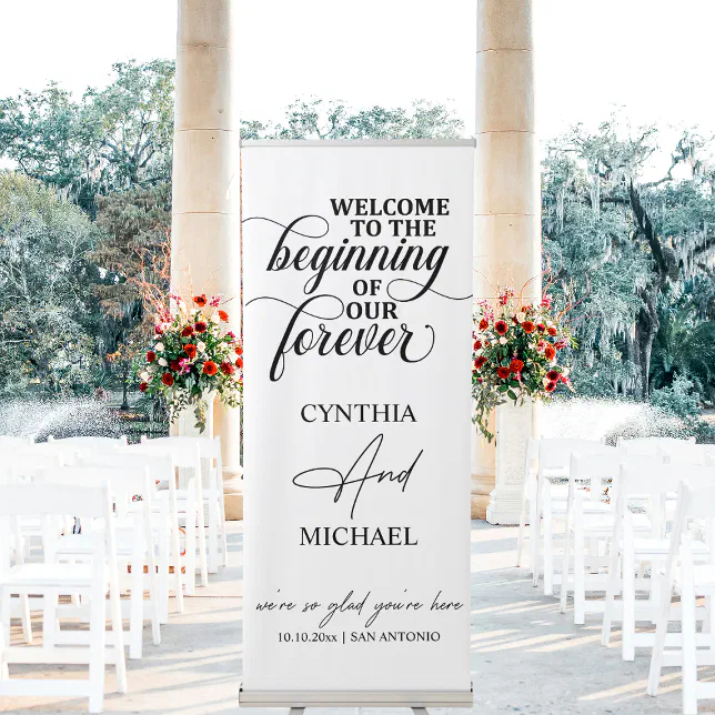 Elegant 'Welcome to our Forever' Wedding Retractable Banner | Zazzle