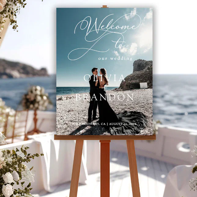 Elegant Welcome To Our Wedding Script & Photo Sign | Zazzle