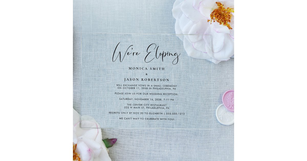 Elegant We're Eloping Wedding Reception Acrylic Invitations | Zazzle