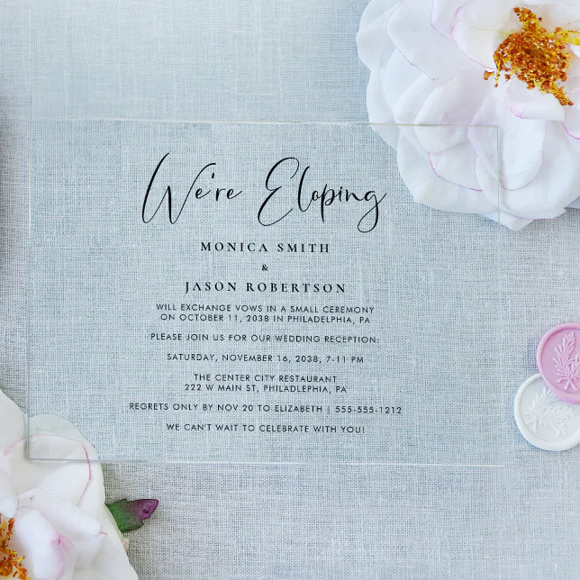 Elegant We're Eloping Wedding Reception Acrylic Invitations | Zazzle