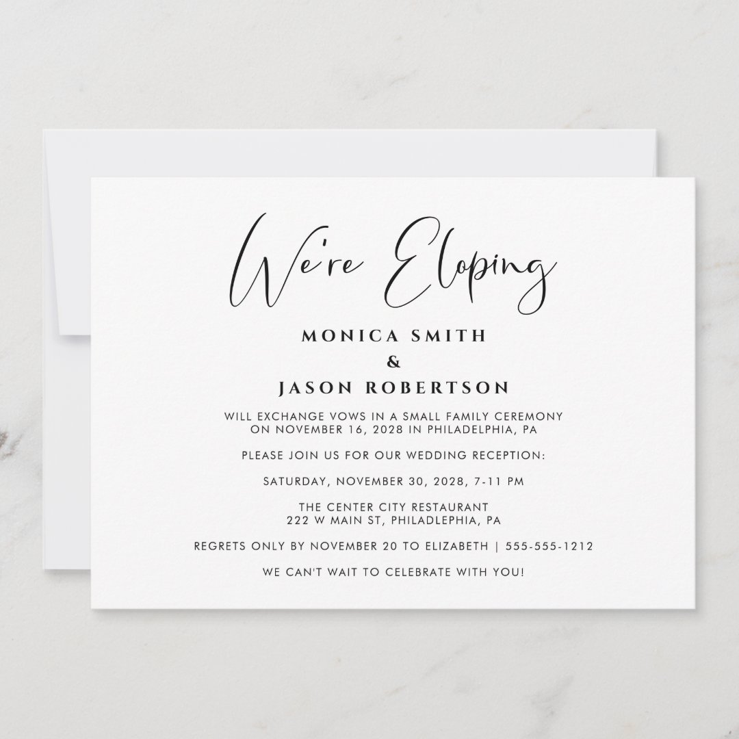 Elegant We're Eloping Wedding Reception Invitation | Zazzle