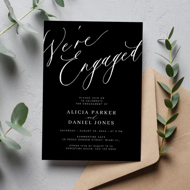 Elegant We're Engaged black engagement party Invitation | Zazzle
