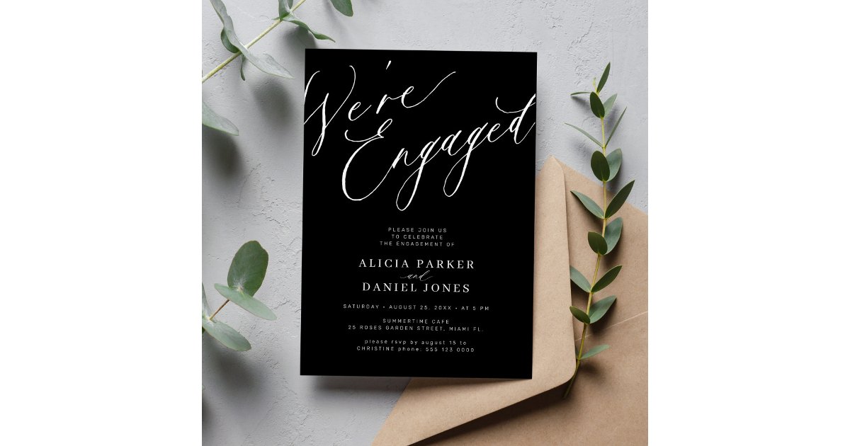 Elegant We're Engaged black engagement party Invitation | Zazzle