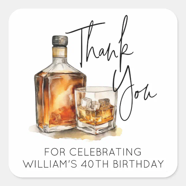 Elegant Whiskey Bottle Birthday Thank You Sticker | Zazzle