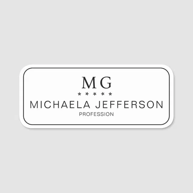 Elegant White And Black Monogrammed: Professional Name Tag | Zazzle