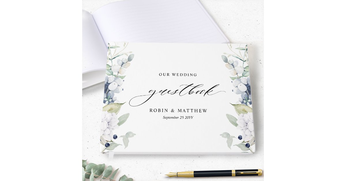 Elegant White and Blue Floral Wedding Guest Book | Zazzle