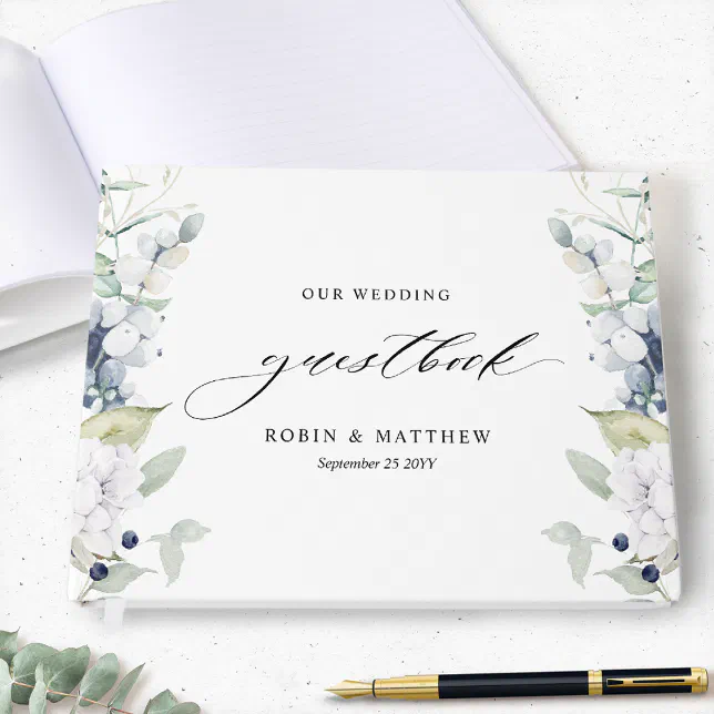 Elegant White and Blue Floral Wedding Guest Book | Zazzle