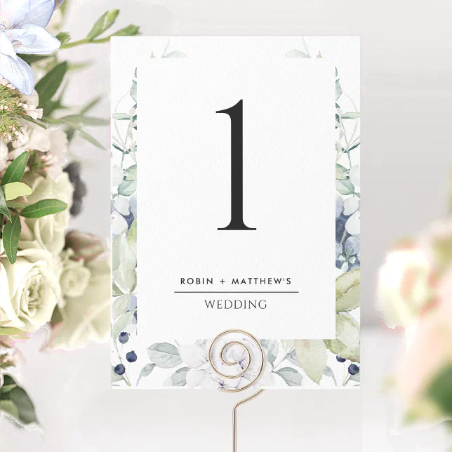 Elegant White and Blue Floral Wedding Table Number | Zazzle