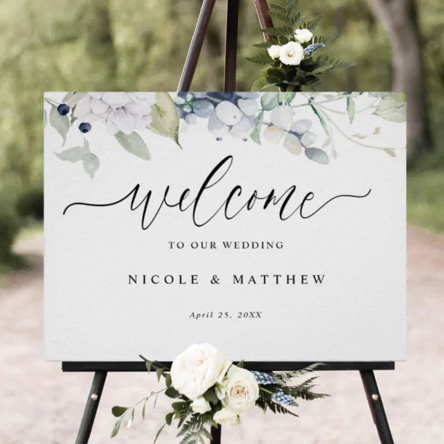 Elegant White and Blue Floral Wedding Welcome Sign | Zazzle