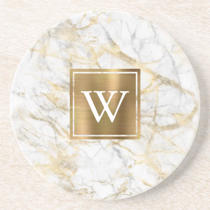 Elegant White and Gold Faux Marble Monogram Coaster | Zazzle