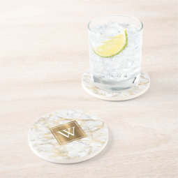 Elegant White and Gold Faux Marble Monogram Coaster | Zazzle