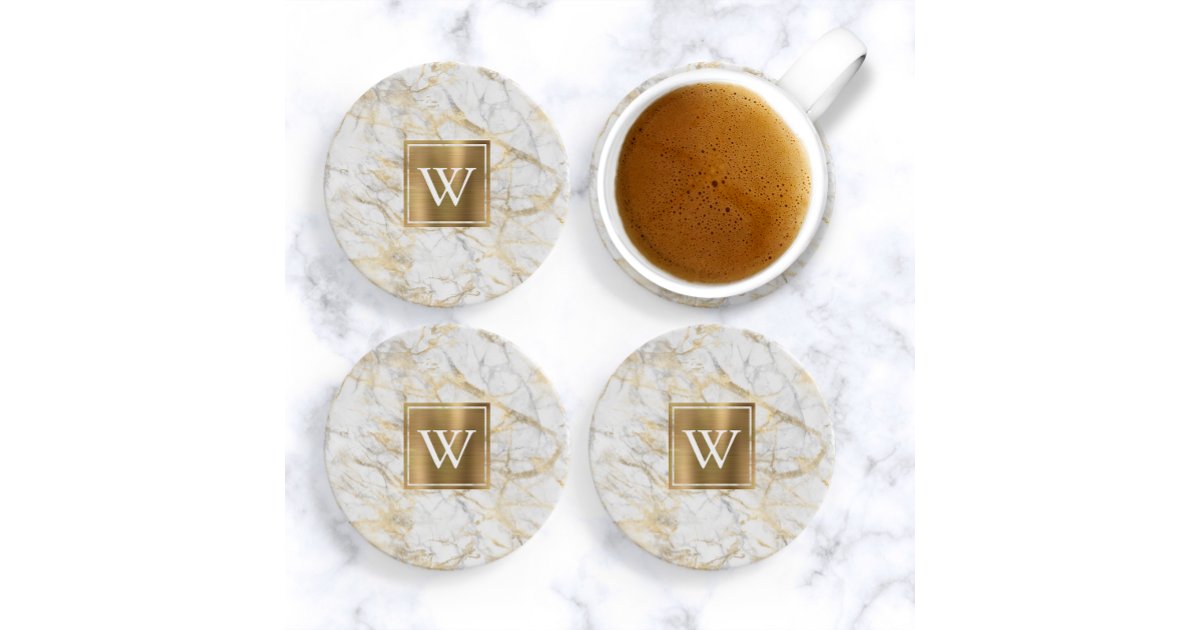 Elegant White and Gold Faux Marble Monogram Coaster | Zazzle