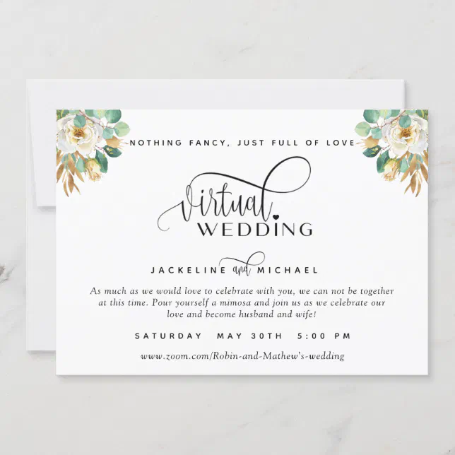 Elegant White and Gold Floral Virtual Wedding Invi Invitation | Zazzle
