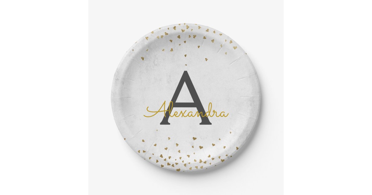 Elegant White and Gold Foil Confetti Monogram Paper Plates | Zazzle