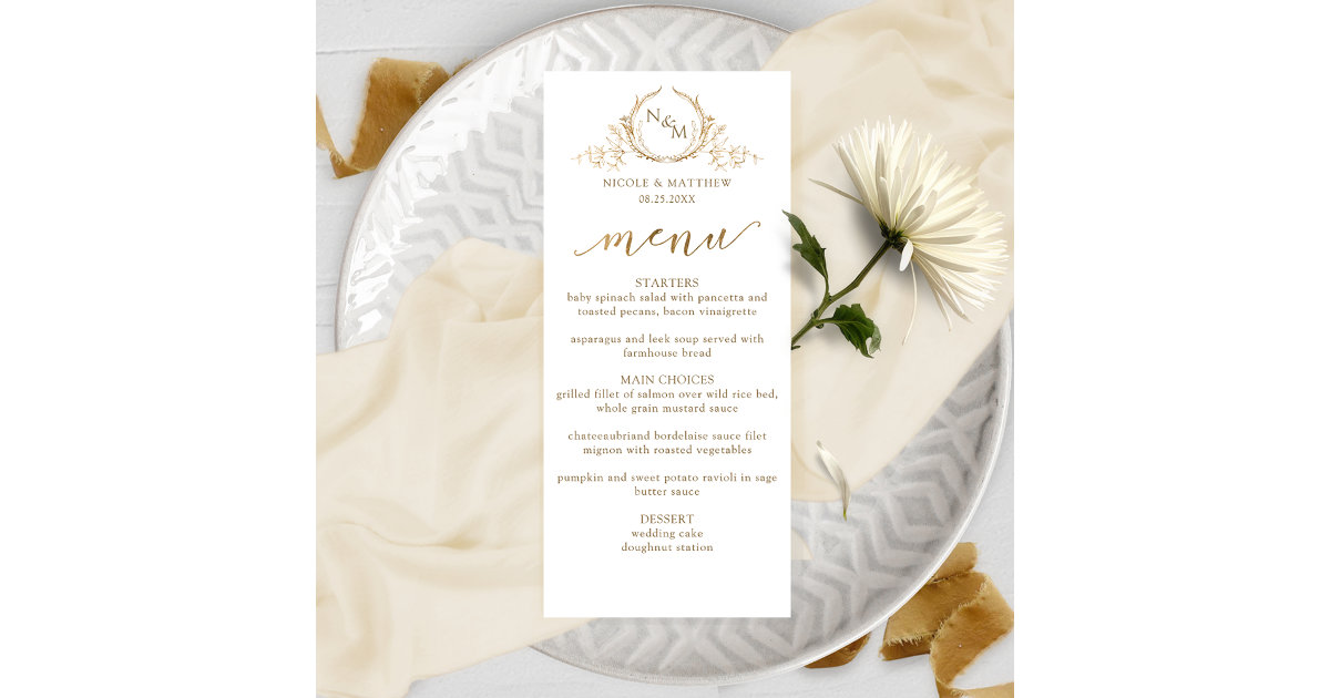 Elegant White and Gold Monogram Wedding Menu | Zazzle