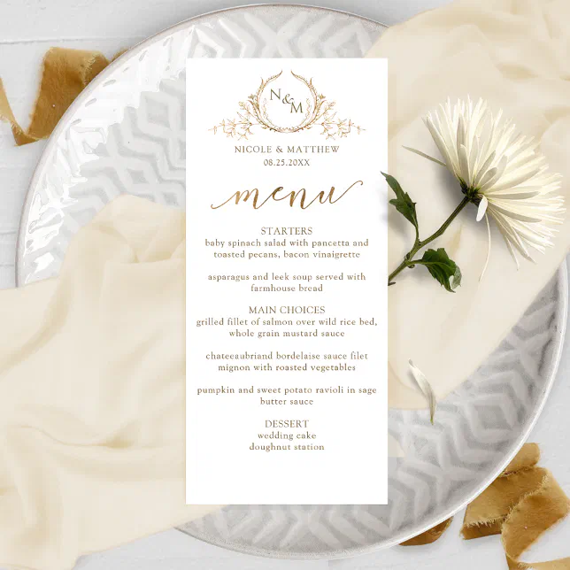 Elegant White and Gold Monogram Wedding Menu | Zazzle